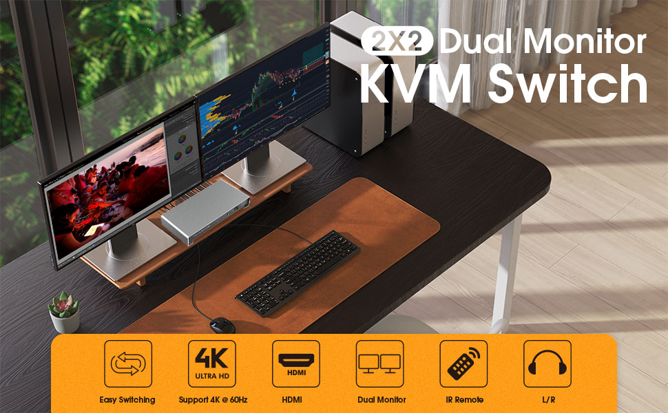 KVM Switch 2 Monitors 2 Computers, UHD 4K@60Hz KVM Switch HDMI 2 Port ...